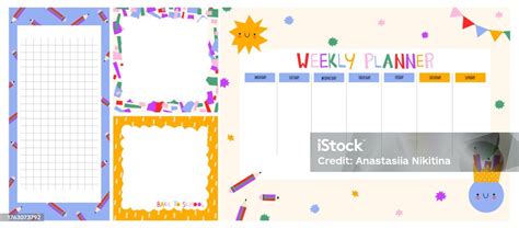 귀여운 유치한 학교 시간표 학용품이 있는 아이들을 위한 주간 수업 시간표 달력에 대한 스톡 벡터 아트 및 기타 이미지 달력