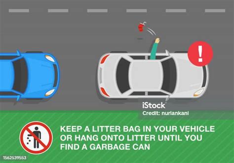 운전 요령 및 규칙 운전자는 앞 열린 창문에서 사용한 플라스틱 컵을 바닥에 던집니다 차량에 쓰레기 봉투를 보관하십시오 도시 도로의 최고 전망입니다 감정에 대한 스톡 벡터