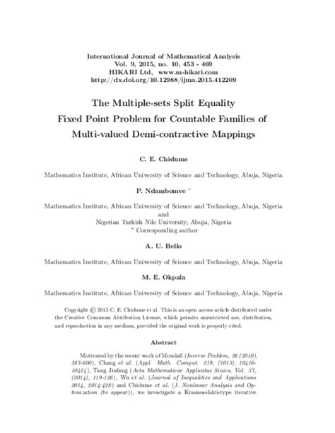 Pdf The Multiple Sets Split Equality Fixed Point Problem For