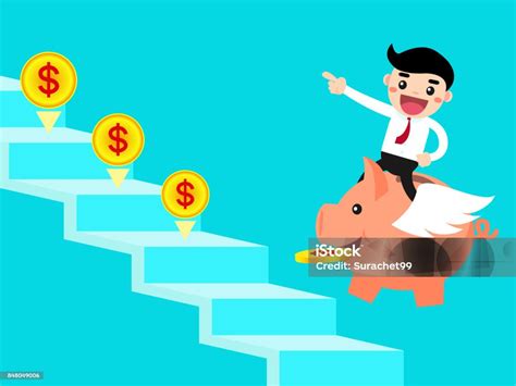 행복 한 사업가 타고 돼지 저금통 하 고 그의 돈을 목표 비행 성공 비즈니스와 절약 돈 개념 경영자에 대한 스톡 벡터 아트 및 기타 이미지 Istock