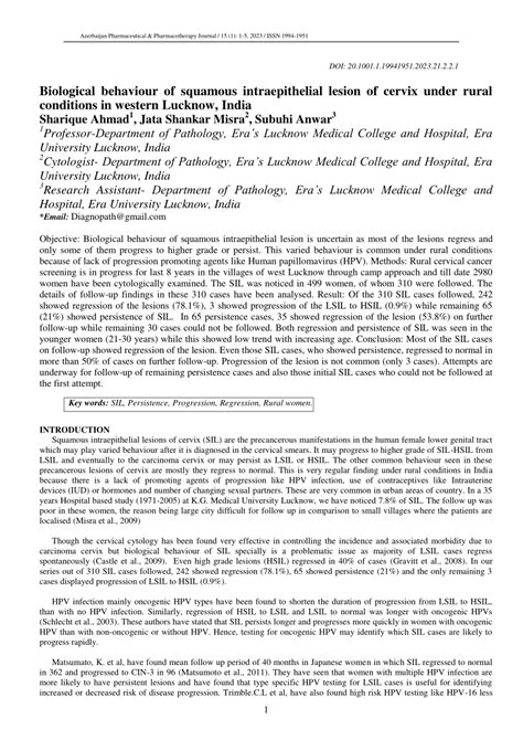 Pdf Biological Behaviour Of Squamous Intraepithelial Lesion Of Cervix Under Rural Conditions