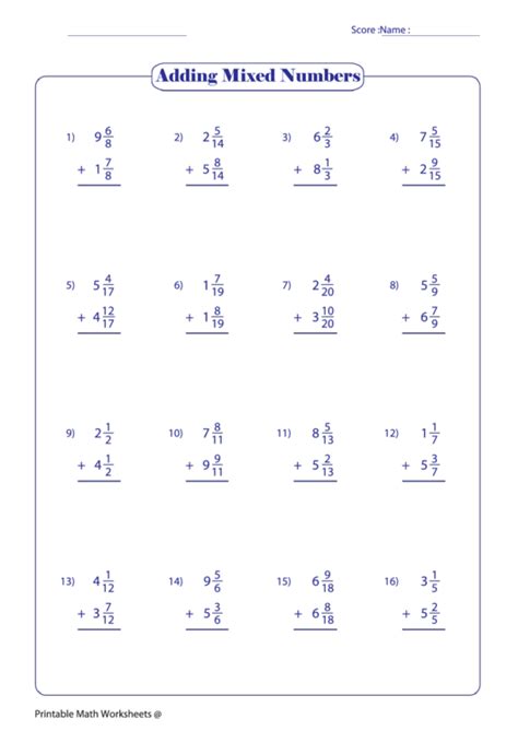 Adding Mixed Numbers Printable Pdf Download