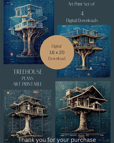 Treehouse Plans Art Printable Digital Download Artwork Tree House Art Print Concept Art Tree