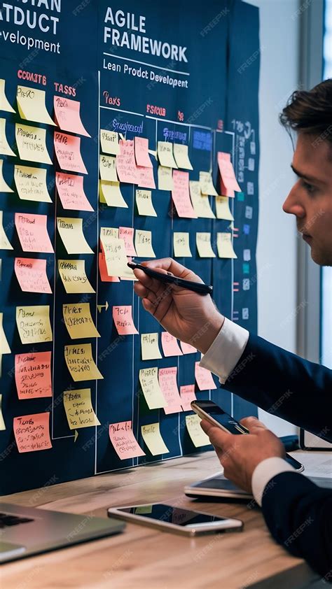 Manager Working With Agile Framework Board For Lean Product Development Such As Scrum Or Kanban