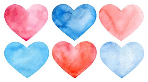 손으로 그린 수채색 분홍색과 파란색 하트 세트는 흰색 배경에 분리되어 있습니다 프리미엄 벡터