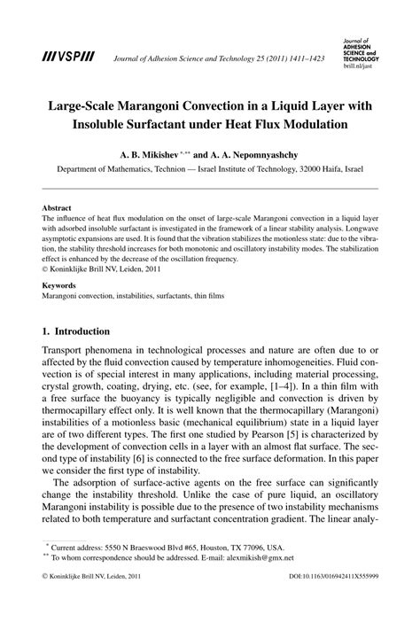 Pdf Long Wavelength Marangoni Convection In Liquid Layer With Insoluble Surfactant In