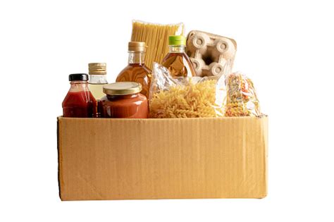 기부 보관 및 배달을위한 식품 골판지 상자에 다양한 음식 파스타 식도유 및 통조림 식품 음식에 대한 스톡 사진 및 기타 이미지