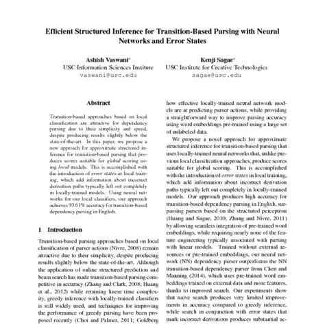 efficient structured inference for transition based parsing with neural