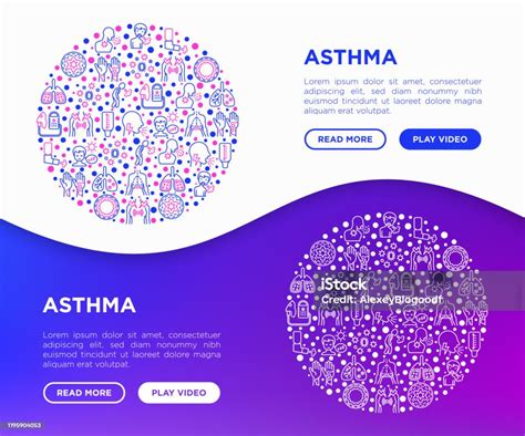 얇은 선 아이콘으로 원에 천식 개념 알레르겐 호흡 곤란 기침 천명 흉통 횡격막 천식 발작 두드러기 가래 피크 유량계 흡입기 분무기 현대 벡터 그림입니다 네블라이저에 대한