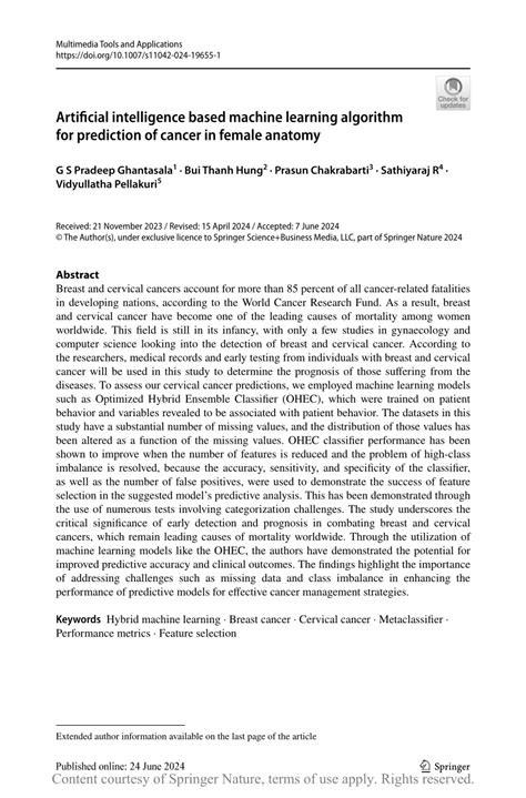 Artificial Intelligence Based Machine Learning Algorithm For Prediction Of Cancer In Female