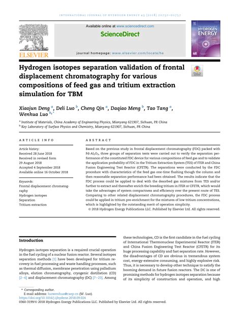 Pdf Hydrogen Isotopes Separation Validation Of Frontal Displacement Chromatography For Various