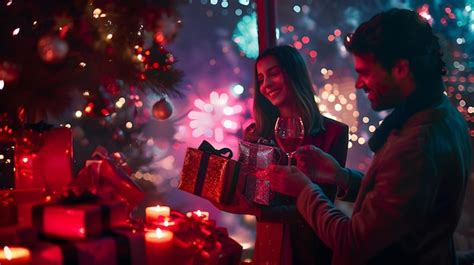 A Man And Woman Are Holding A Glass Of Wine And A Christmas Tree With A