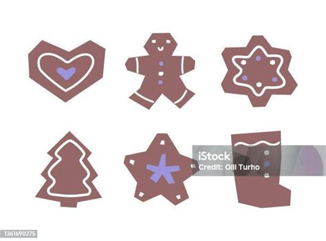 크림 토핑으로 장식된 진저브레드 쿠키로 설정된 벡터 절연 플랫 일러스트레이션 집에서 만든 비스킷은 크리스마스 파티를위한 전통적인 빵집 제품입니다 0명에 대한 스톡 벡터 아트