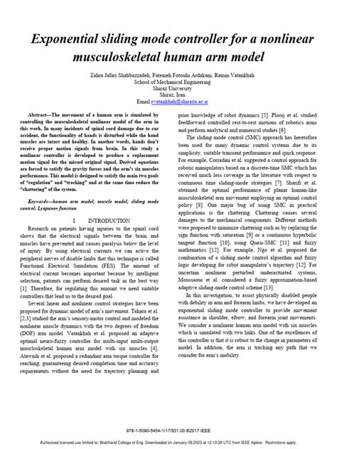 exponential sliding mode controller for a nonlinear musculoskeletal human arm model pdf