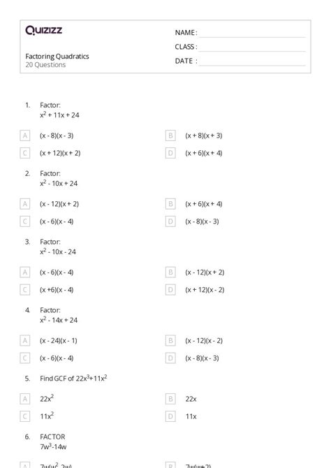Mais de 50 planilhas Quadrático no Quizizz Gratuito e imprimível