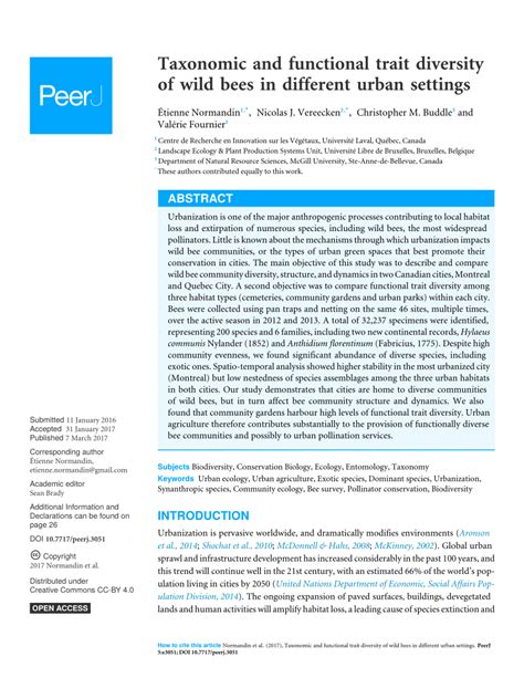 Pdf Taxonomic And Functional Trait Diversity Of Wild Bees In Different Urban Settings