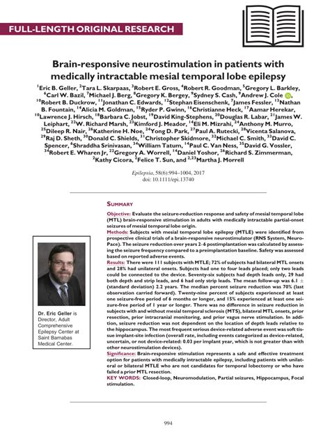 Pdf Brain Responsive Neurostimulation In Patients With Medically Intractable Mesial Temporal