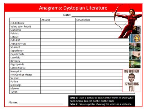 Dystopian Literature Anagrams Puzzle Sheet Keywords Ks4 Settler Starter Cover Lesson English