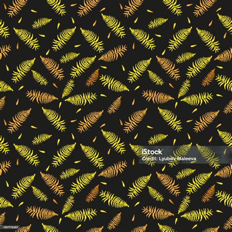 고사리 잎의 매끄러운 패턴 노란색의 다양한 모양과 음영의 식물 학적 그림 섬유 및 포장지용 스톡 일러스트레이션 결혼식에 대한 스톡 사진 및 기타 이미지 Istock