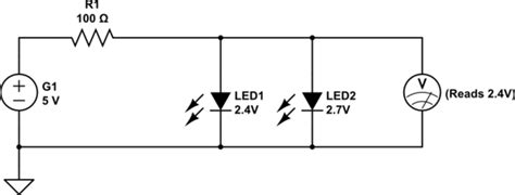 circuit analysis how is current split with two parallel led s