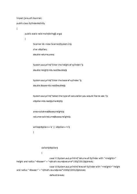 Cylinder Class Test Import Javautil Public Class Cylinderactivity
