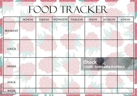 파스텔 라즈베리 배경에 음식 추적기 페이지 주간 플래너 템플릿 식사 아침 점심 저녁 식사 간식 물 섭취 칼로리 계산 적절한 영양