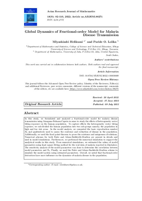 Pdf Global Dynamics Of Fractional Order Model For Malaria Disease