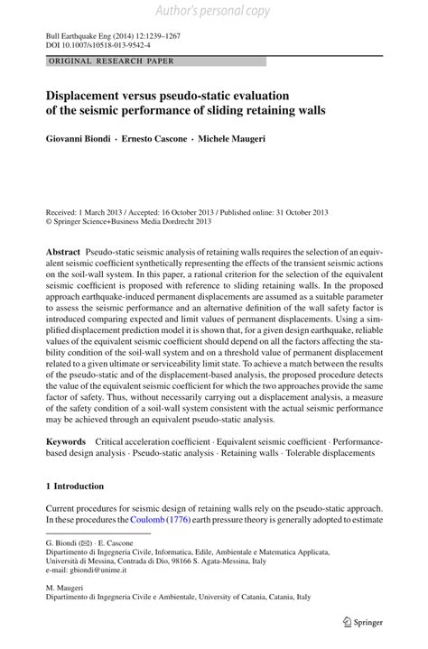 Pdf Displacement Versus Pseudo Static Evaluation Of The Seismic