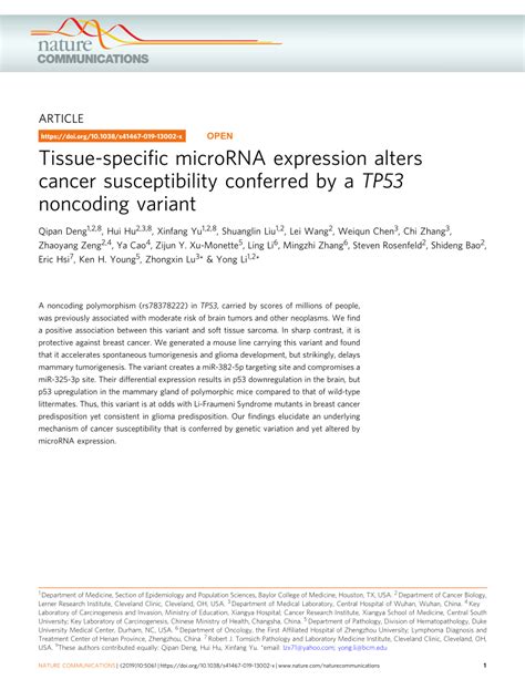 Pdf Tissue Specific Microrna Expression Alters Cancer Susceptibility Conferred By A Tp53