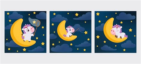 귀여운 작은 유니콘 잡기 별 세트 카드 템플릿 어린이 방 장식 보육 예술 생일 파티 베이비 샤워를위한 만화 캐릭터 밝은 컬러 스톡 벡터 일러스트레이션 0명에 대한 스톡 벡터