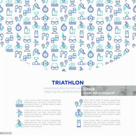 얇은 라인 아이콘 트라이 애슬론 개념 주자 수영 사이클링 경주 스톱워치 시작 총 스포츠 안경 시작 승리 성공 배너 인쇄 미디어에 대한 현대 벡터 그림 웹 배너에 대한 스톡