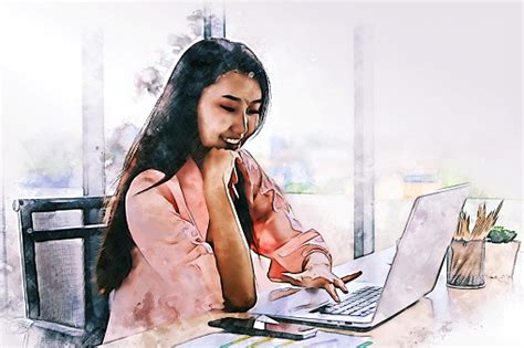 행복 청녀는 수채화 일러스트 페인팅 배경에 집에서 초상화와 휴식을 미소 20 24세에 대한 스톡 사진 및 기타 이미지 20