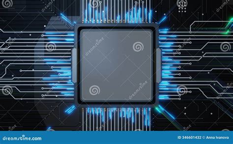 glowing blue lights radiate from a central microprocessor within a complex network of circuit