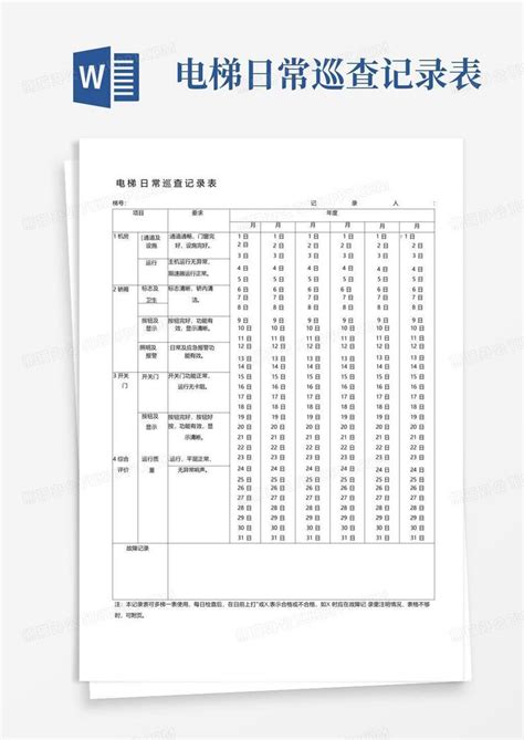 电梯日常巡查记录表Word模板下载 编号qejdjvxe 熊猫办公