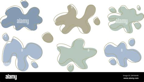 Set Of Organic Irregular Blob Shapes With Stroke Line Blue Gray Random Deform Spot Fluid Circle