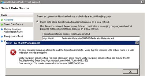 an error occurred during an attempt to read the federation metadata