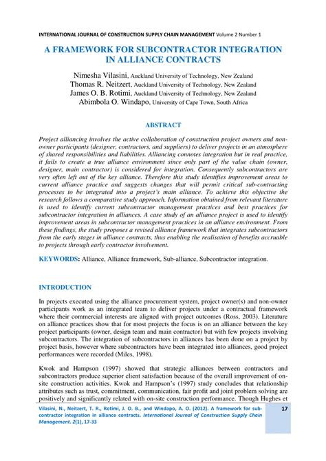 Pdf A Framework For Subcontractor Integration In Alliance Contracts
