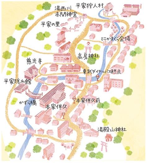 日光の二荒山神社と湯西川温泉のイラストマップを描きました イラストマップ 地図 イラストレーション