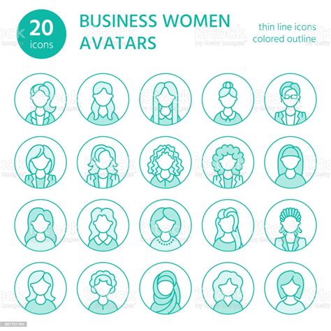 사람들이 선 아이콘 비즈니스 여자 아바타 여성 전문직 사무 관리자 교사 학생의 기호를 설명 합니다 젊은 여자 얇은 선형 표시