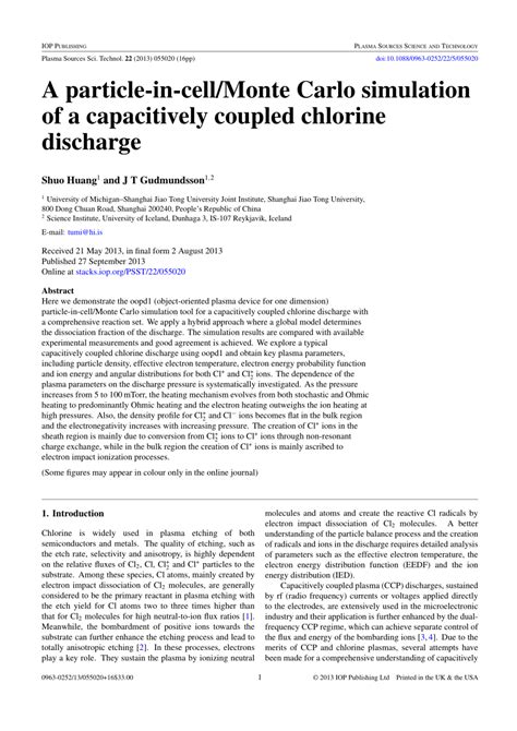 A Particle In Cell Monte Carlo Simulation Of A Capacitively Coupled Chlorine Discharge Request PDF
