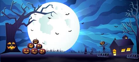 검은색 파란색 배경에 해피 으스스한 할로윈 밤 배너 또는 파티 초대장 프리미엄 벡터