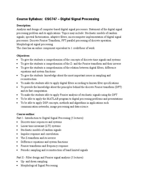 Digital Signal Processing Course Syllabus Pdf Digital Signal