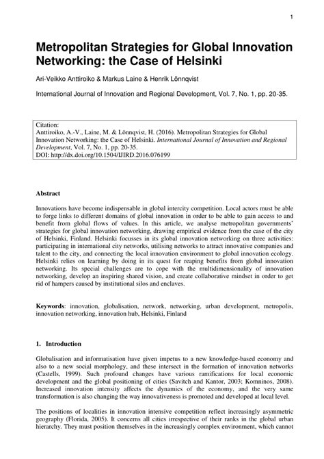pdf metropolitan strategies for global innovation networking the case of helsinki