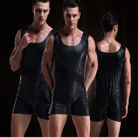 Exclusive Newest Mens Fashion Black Top Soft Faux Leather Bodysuit Breathable Mesh Lingerie