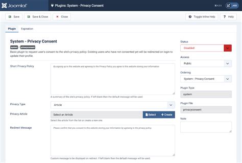 Privacy Setup Joomla Documentation