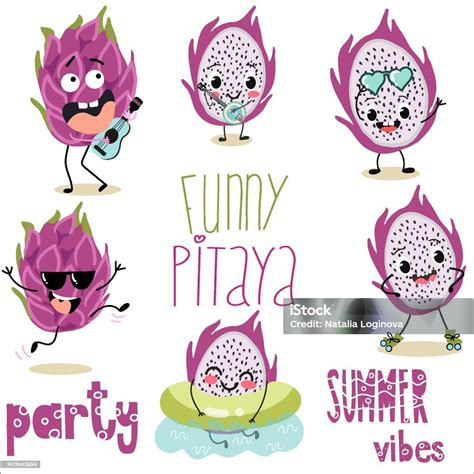 피타야 과일의 벡터 일러스트레이션 다양한 포즈와 감정을 가진 귀여운 재미있는 캐릭터 롤러 스케이트 수영 서클 및 악기 어린이