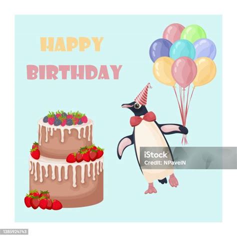 생일 축하해요 촛불이 달린 커다란 케이크 사진과 풍선이 달린 귀여운 펭귄 사진이 있는 밝은 생일 인사말 카드 벡터 일러스트레이션 생일에 대한 스톡 벡터 아트 및 기타 이미지