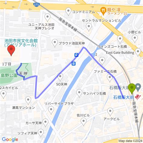 池田市民文化会館の最寄駅石橋阪大前駅からの徒歩ルート（約7分） Mdata