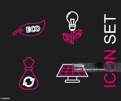 세트 라인 태양 에너지 패널 재활용 쓰레기 봉투 전구 잎 및 잎 에코 기호 아이콘 벡터 0명에 대한 스톡 벡터 아트 및 기타 이미지 Istock