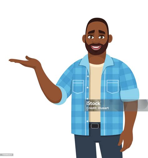 젊은 아프리카 계 미국인 남자 제시 손 제스처입니다 손을 가리키는 세련 된 사람 공간을 복사 합니다 남성 캐릭터 디자인 일러스트 다양한 사람들 벡터 만화 스타일의 현대